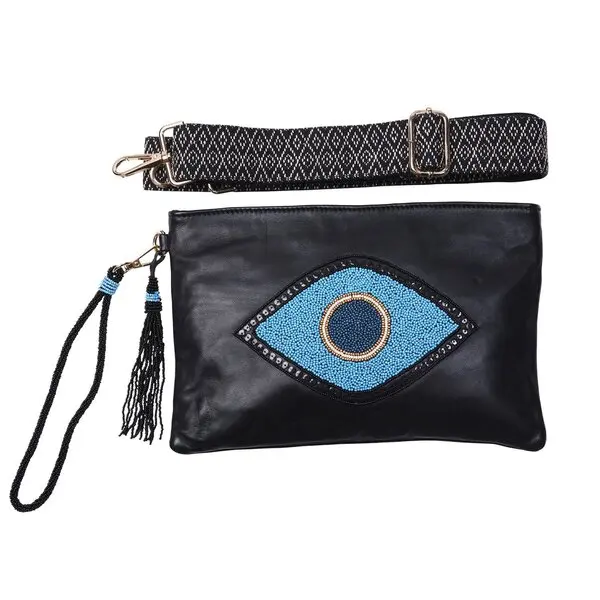 SIDNEY BYRON Leather Bag With Lucky Eye Beading - Black