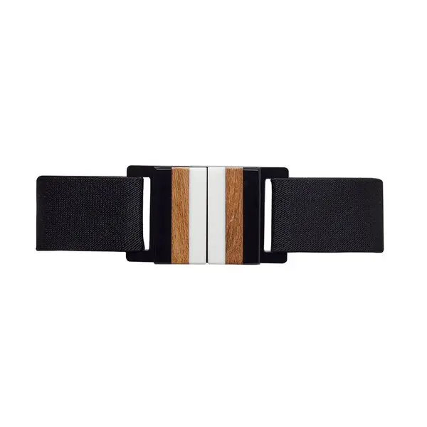 BELTBE Stretch Belt With Acrylic Buckle Wood, White Stripes - Black