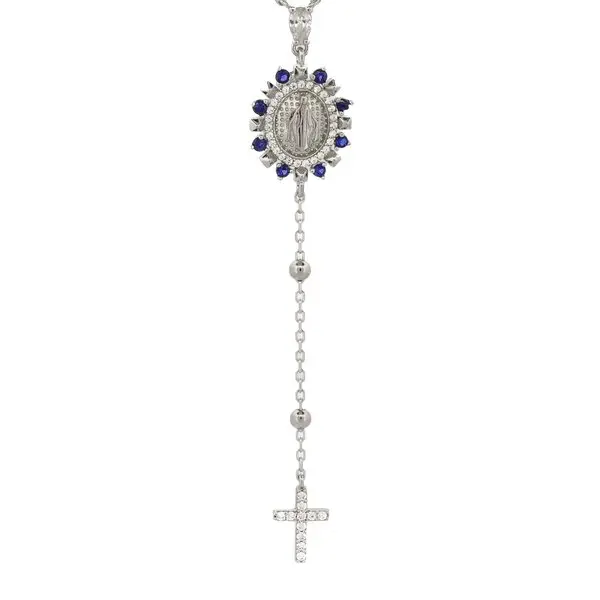 EBRU JEWELRY Blue / Silver Sapphire & Diamond Virgin Marry & Cross Pendant Sterling Silver Chain Necklace Silver - Blue/silver