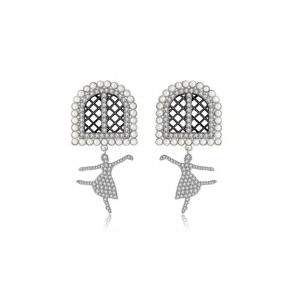 RETRO CHIC Silver / White Black Ballet Earrings - Silver/white