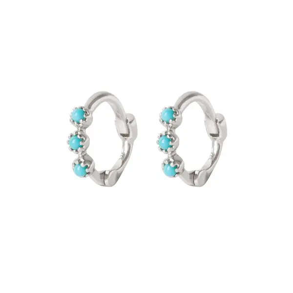 ZOHREH Blue / Silver Mini Turquoise Trilogy Huggie Hoop Earring Pair Sterling Silver - Blue/silver