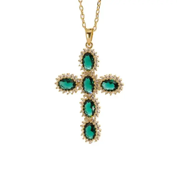EBRU JEWELRY Gold / Green Passion Diamond & Green Jade Stone Cross Pendant Necklace Green - Gold/green