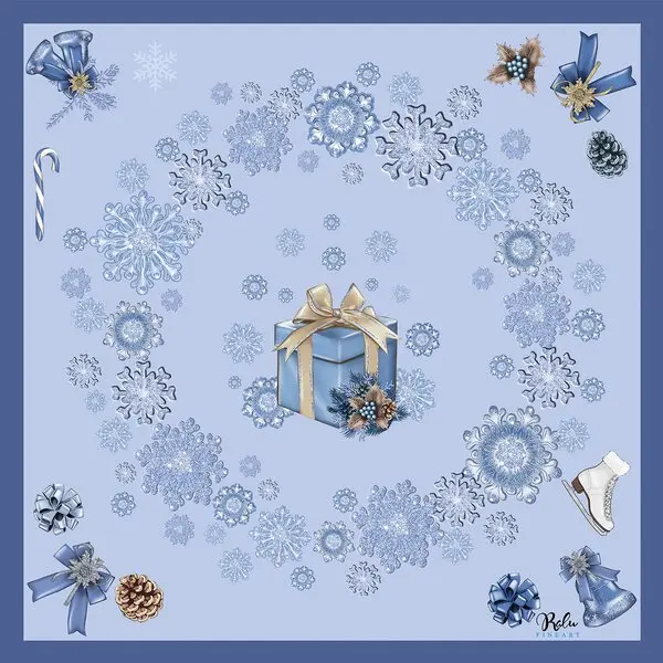 RALUFINEART Blue / White Silk Scarf Frozen Elegance - Blue/white