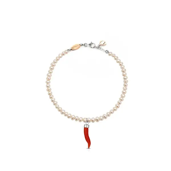 UNALOE Silver / White Sterling Silver Baroque Pearl Cornicello Charm Bracelet – Adjustable Elegant Jewelry - Silver/white
