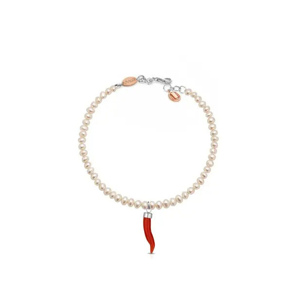 UNALOE Silver / White / Red Sterling Silver Baroque Pearl Cornicello Charm Bracelet – Adjustable Elegant Jewelry - Silver/white/red