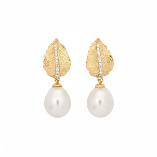 ANGEL BAROCCO Diamond Leaves Baroque Pearl Earrings - Gold