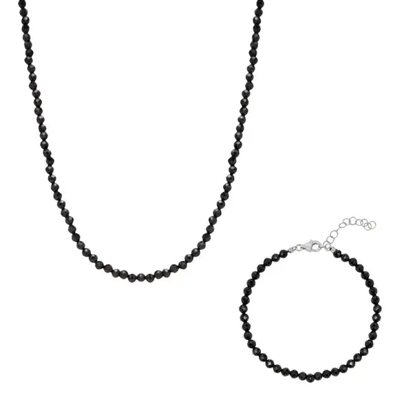 SPERO LONDON Natural Spinel Sterling Silver Necklace Bracelet Set - Black