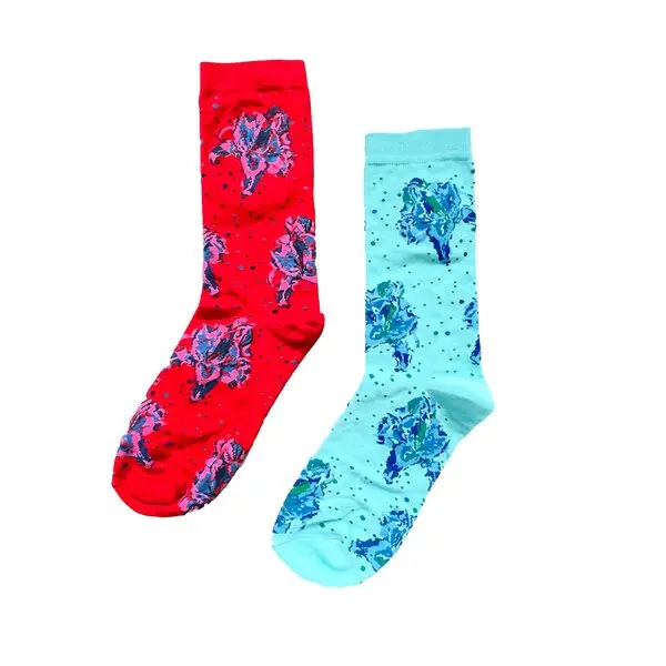 ARTO. Blue / Red Hello Flower Socks- Contrast Aqua Two Pack - Blue/red