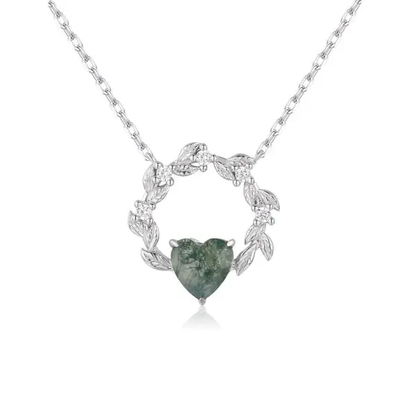 AZURA JEWELRY NEW YORK Heart Desire Moss Agate White Gold Vermeil Necklace - Silver