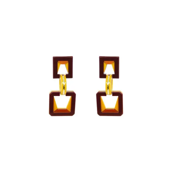 GISSA BICALHO Acrylic Handmade Earring Geo Rectangular Stone Burgundy