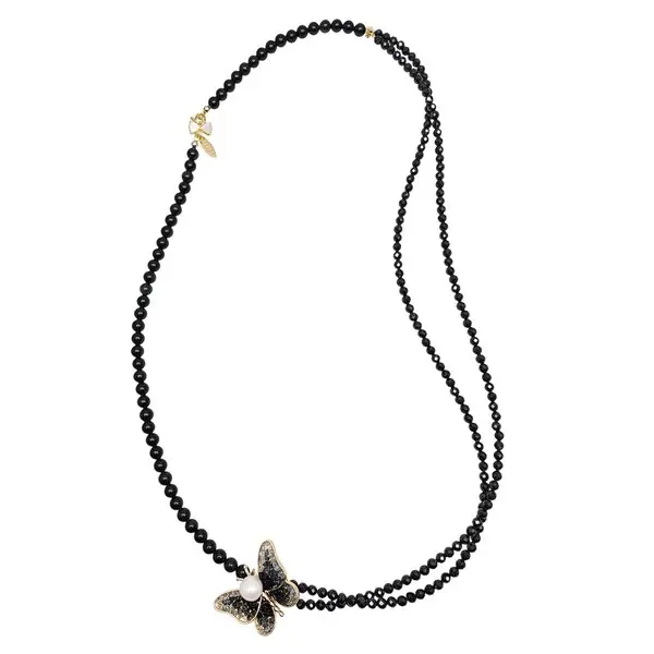 FARRA Versatile Obsidian Necklace With Removable Butterfly Pearl Brooch