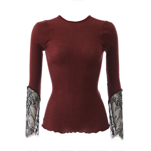 AROMATIQUE Ultra-soft Ribbed Wool Long Sleeve With Lace Cuffs Bordeaux - Red
