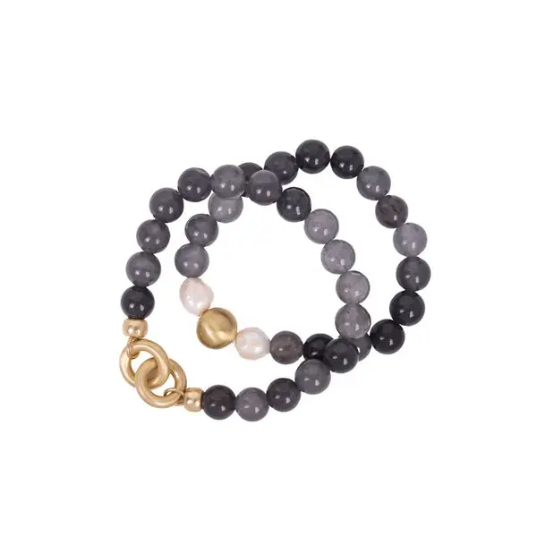 Saachi Pearl Stone Stretch Silver Bracelet Set - Grey