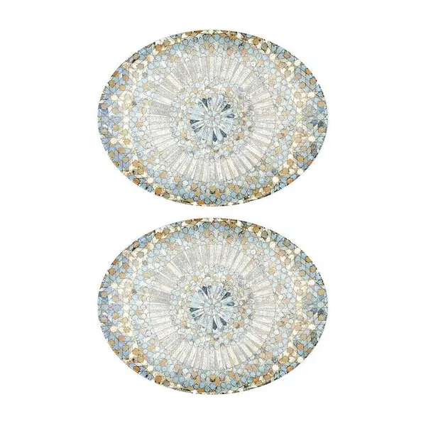 Turgla Home Blue / Brown Luca Mosaic Matte Oval Decorated Porcelain Platter Set Of Two - Blue/brown