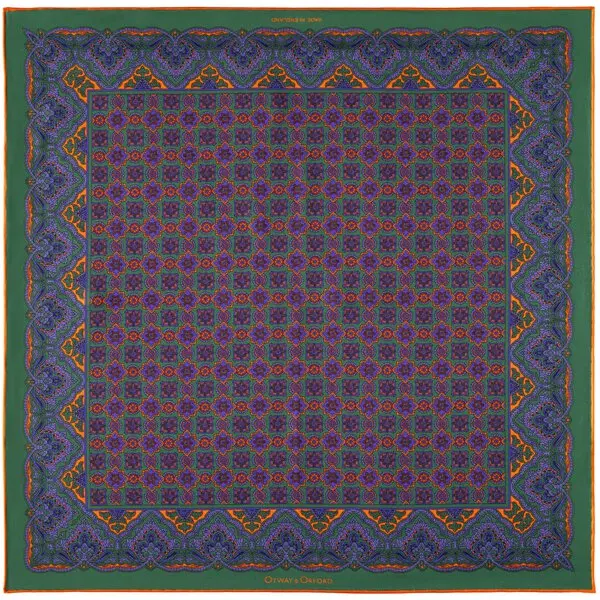 OTWAY & ORFORD Green / Blue 'millefiori' Silk Pocket Square In Green, Blue & Orange. Full-size - Green/blue