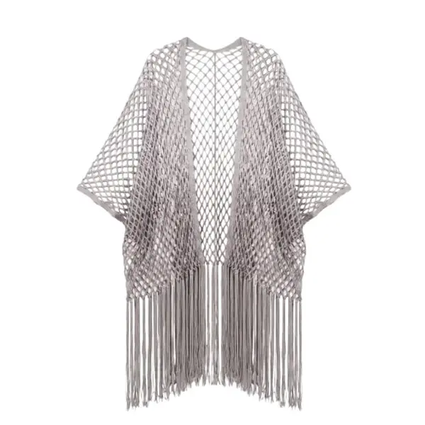 Saachi Metallic Fringe Taupe Kimono - Silver