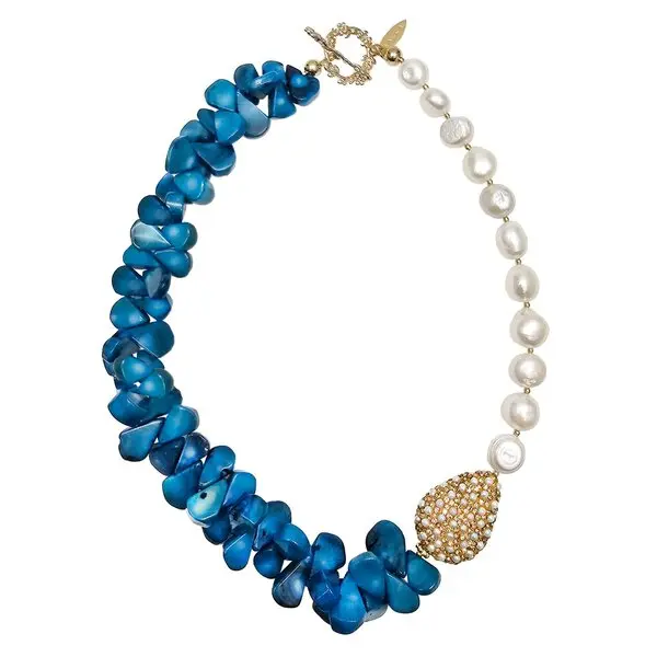 FARRA Freshwater Pearls & Floral Bamboo Coral Necklace - Blue