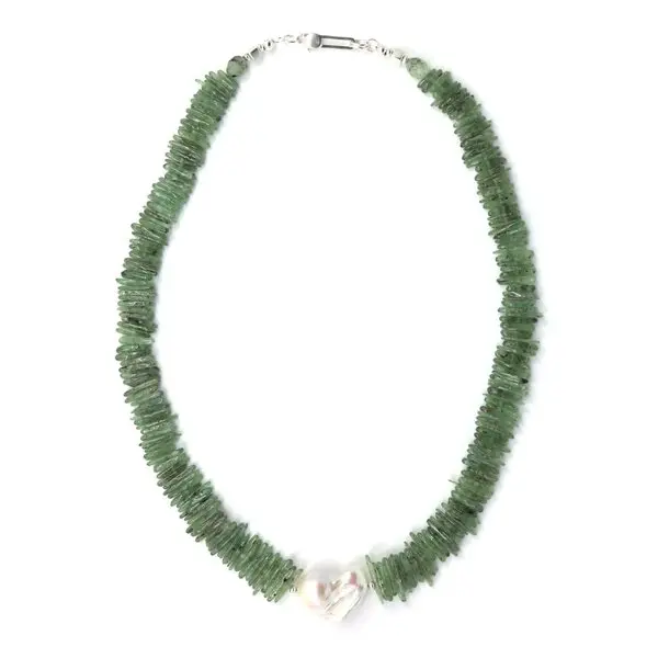 Shar Oke Green / Silver / White Green Kyanite & Freshwater Pearl Necklace - Green/silver/white