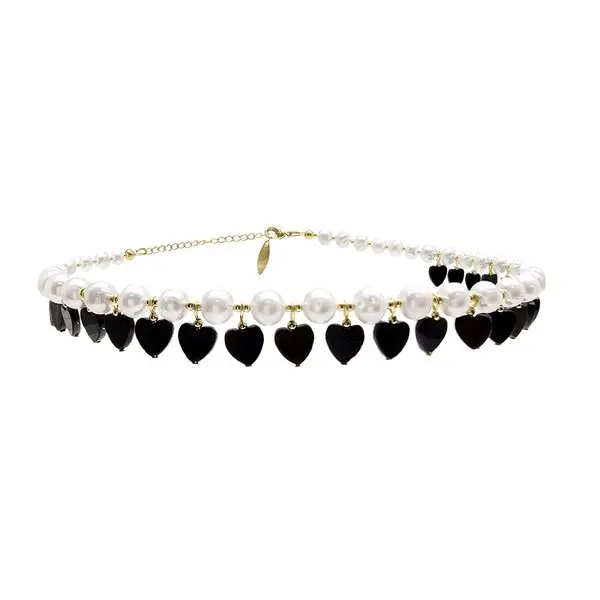 FARRA Freshwater Pearls With Heart Shaped Obsidian Charm Choker Necklace - Black