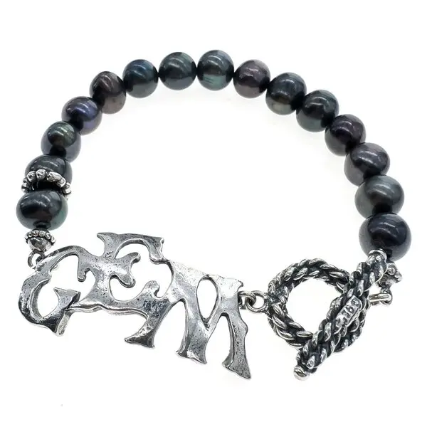 GEM KINGDOM Black / Silver Back To The Future Dark Grey Pearl Bracelet - Black/silver