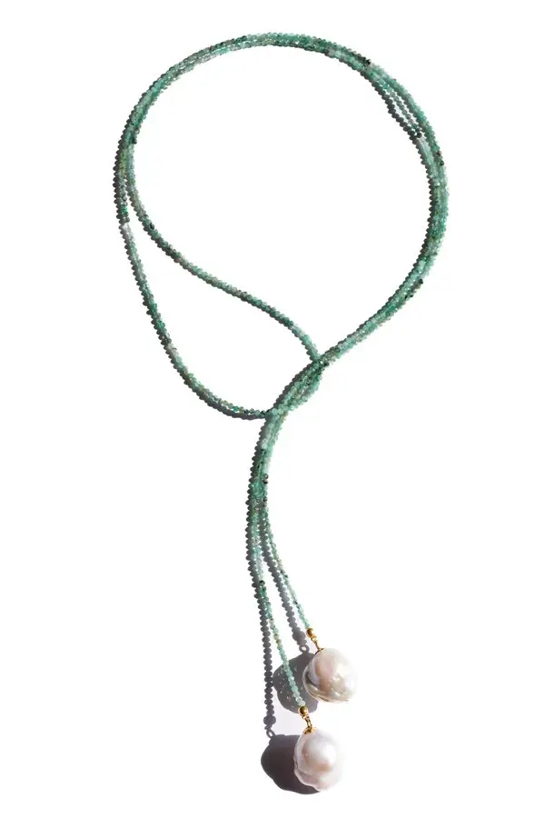 THE LINK BETWEEN Gold / Green Aurora Baroque Drop Emerald Open Ended Necklace Lariat - Gold/green
