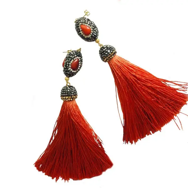 FARRA Coral Rhinestone Tassel Earrings - Red