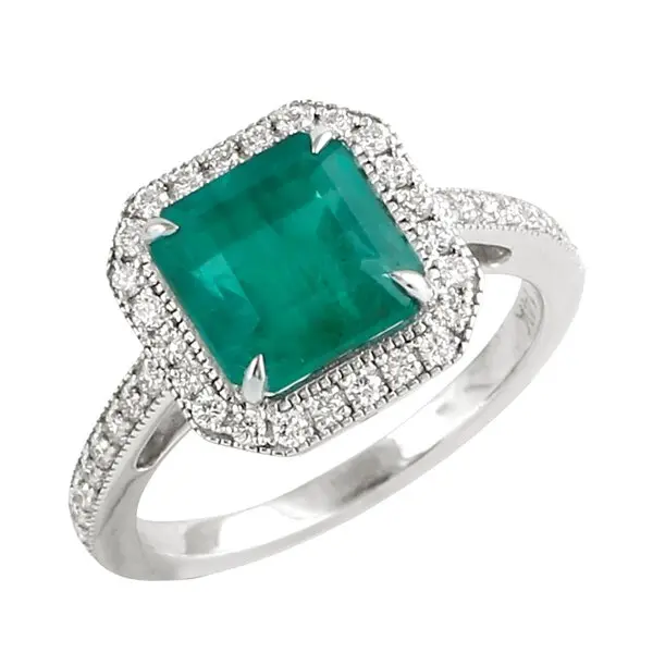 ARTISAN White / Green Emerald & Diamond Halo Ring In 14k White Gold - White/green