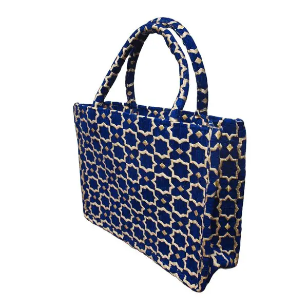BERBER LEATHER Moroccan Print Fabric Tote Bag - Blue
