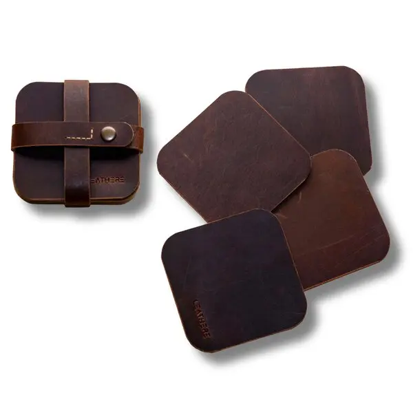 LEATHERE Leather Coffee Coaster Set Of 4— Hialeah - Brown