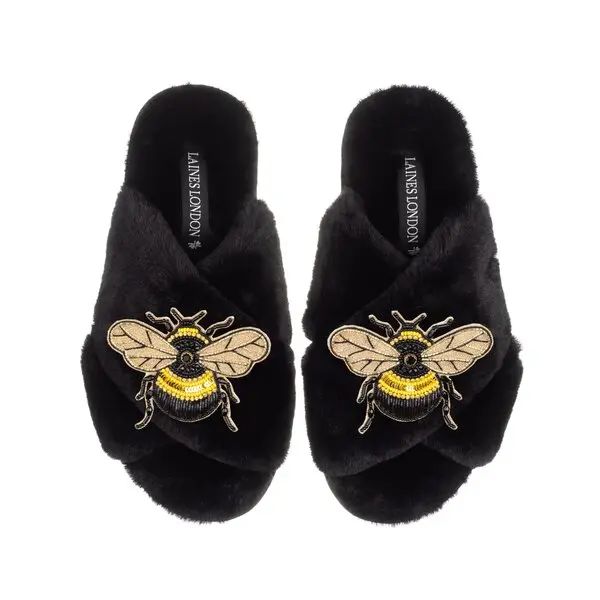 LAINES LONDON Classic Faux Fur Cross Strap Slippers With Double Honey Bee Brooch Embellishment - Black