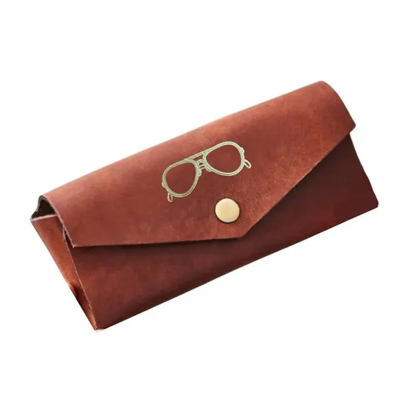 VIDA VIDA Tan Leather Glasses Case Glasses Gold Embossed - Brown