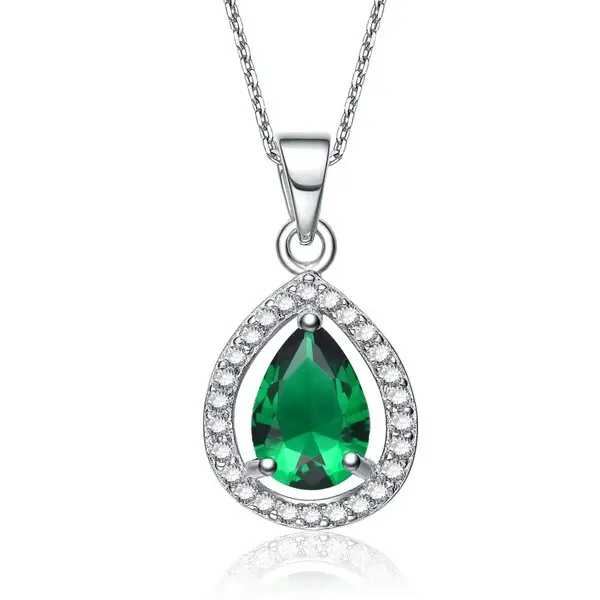 GENEVIVE Green / White / Silver Sterling Silver White Gold Plated With Cubic Zirconia Green Pear Shape Necklace - Green/white/silver