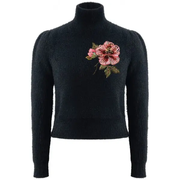 ROCH PEREL Flower Fur Knit Sweater - Black