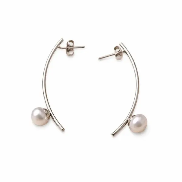 SILVER MOON Silver / White Curved Pearl Sterling Silver Earrings - Silver/white