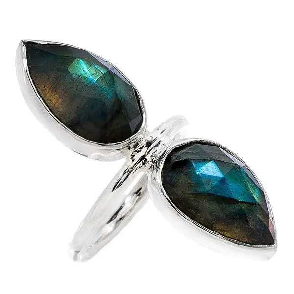 HEATHER HAWKINS Double Lotus Beauty Semi-precious Custom Cut Gemstone Ring Sterling Silver Labradorite - Blue