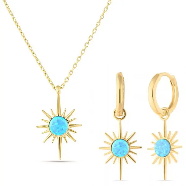 SPERO LONDON Blue Opal Northernstar Drop Hoop Earring & Necklace Set In Sterling Silver - Gold
