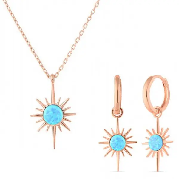 SPERO LONDON Sterling Silver Blue Opal Northernstar Drop Hoop Earring And Necklace Set - Rose Gold