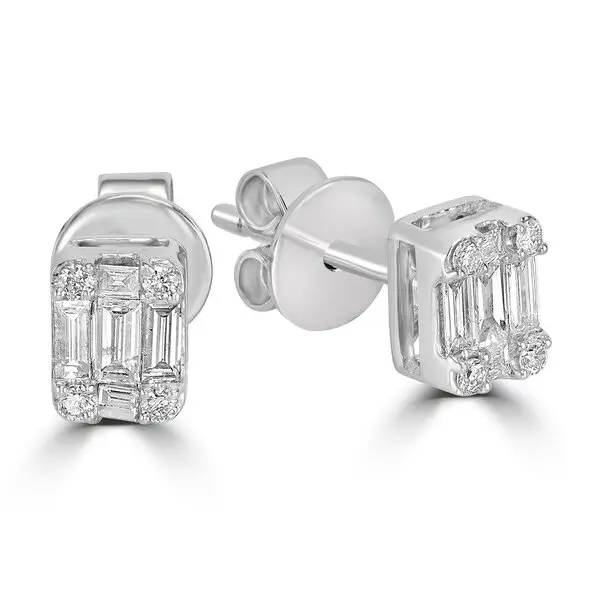 ARTISAN Baguette & Round Diamond Cluster Stud Earrings In 18k Gold - White
