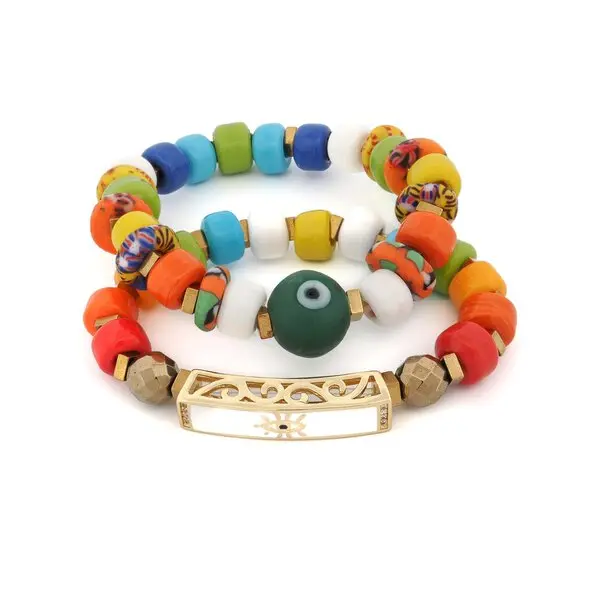 EBRU JEWELRY Red / Pink Colorful Protection Evil Eye Charm Ceramic Bracelet Duo Multicolor - Red/pink