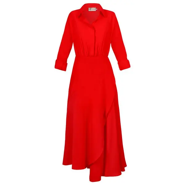 ALINA CERNATESCU Ye Midi Shirt-style Viscose Dress With Asymmetric Skirt And Long Sleeves Ye - Red
