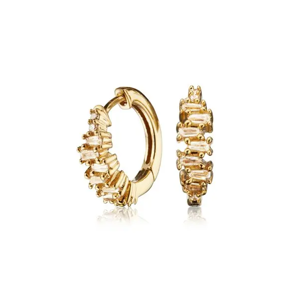 LILY & ROO Small Stacked Baguette Diamond Style Huggie Hoop Earrings - Gold