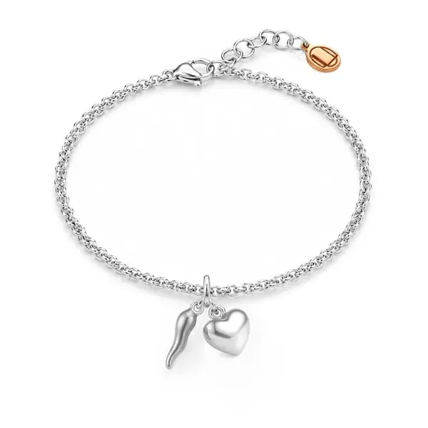 UNALOE Sterling Italian Horn & Heart Bracelet – Symbolic Lucky Charm Jewelry Handmade In Italy - Silver