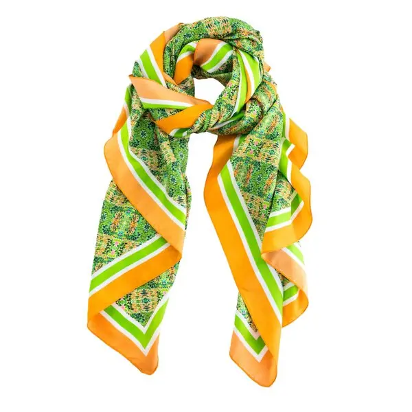 EVELYN & KATE Green / Orange Elegant All Silk Scarf, Autumn Rose Pattern - Green/orange