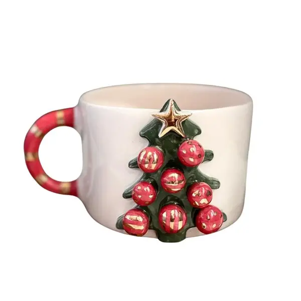 ANATOLIACRAFT Handmade Christmas Tree Festive Ceramic Mug - Red