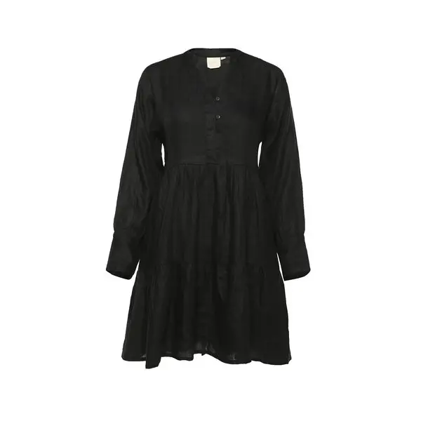 REISTOR V-neck Tiered Hemp Dress - Black