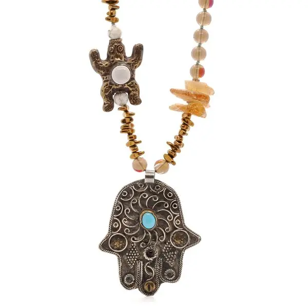 EBRU JEWELRY Gold / Brown / Silver Vintage Style Hamsa & Turtle Pendant Beaded Unique Necklace Brown - Gold/brown/silver