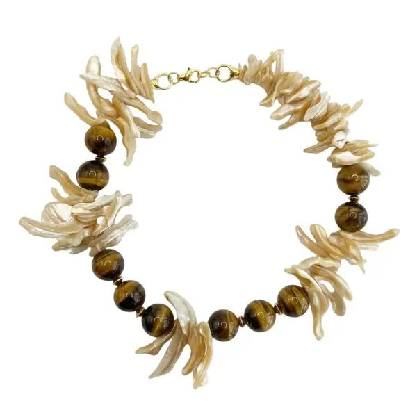 LINYA JEWELLERY Mother Of Pearl Tiger Eye Natural Stone Necklace - Gold