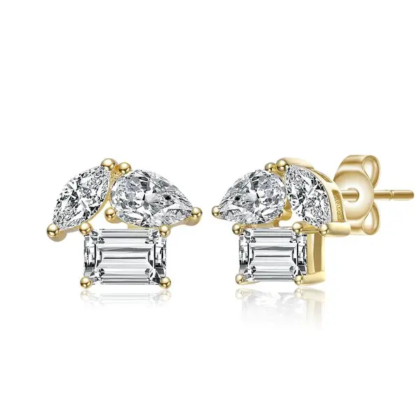 GENEVIVE Plated With Clear Cubic Zirconia Three Stone Earrings - Gold