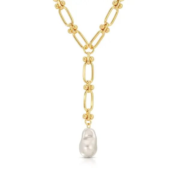 LEEADA JEWELRY Chloe Maxi Pearl Lariat Necklace - Gold