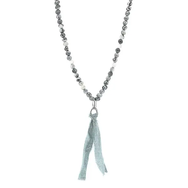ANCHOR & CREW Jasper Luke Silver, Stone & Cotton Voile Skinny Necklace X Wrap Bracelet - Grey